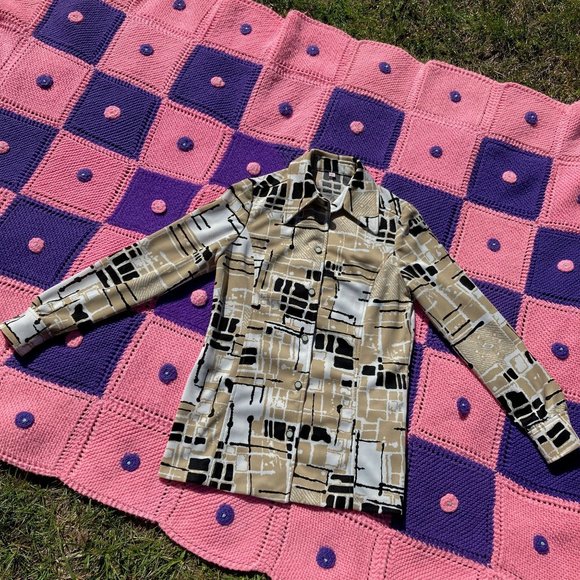 Vintage | Tops | Vintage 6s 70s Blouse Shirt S M Abstract Pattern Cream ...